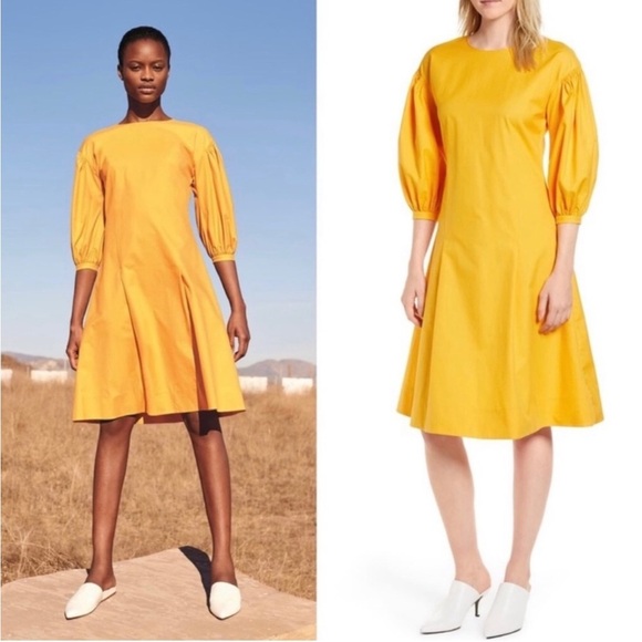 Lewit | Dresses | Lewit Yellow Blouson Puff Sleeves Twill Dress Sz 6 ...